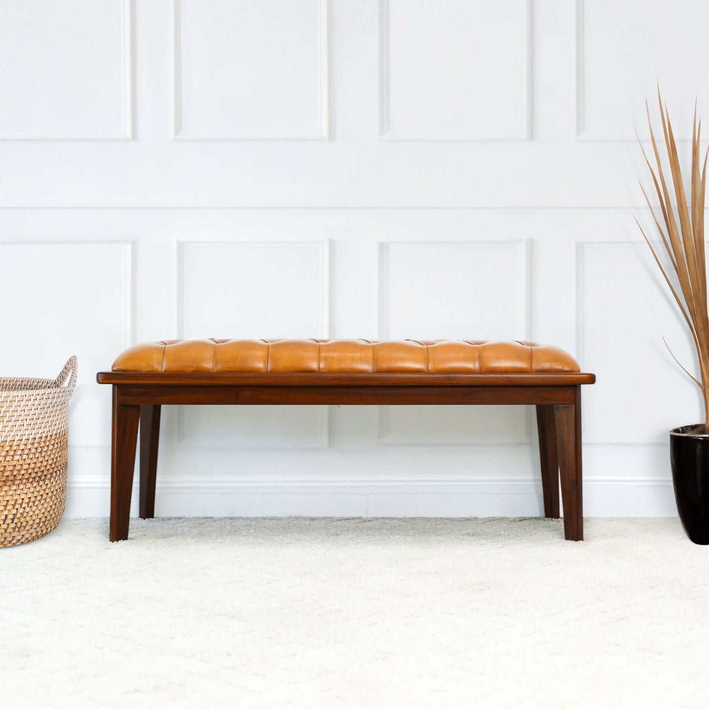 Arden Tan Leather Bench With Buttons — ashcroftfurniture.com